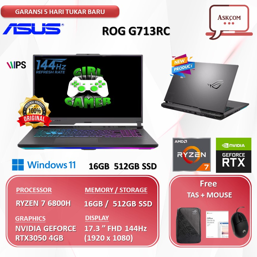 Jual Laptop Gaming Asus Rog G713RC RTX3050 4GB RYZEN 7 6800H RAM 32GB ...
