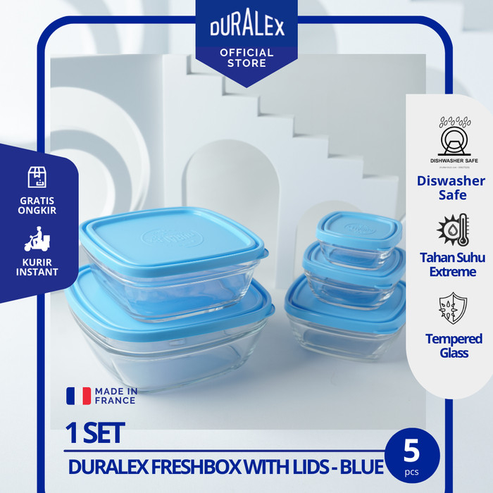 Jual Duralex Clear Freshbox Square Bowl with Blue Lid Set 5pcs - Kotak ...