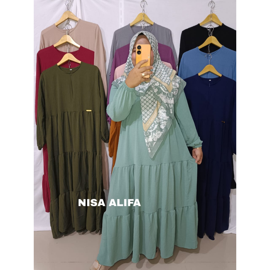 Jual Gamis susun crinkle airflow tali pinggang / gamis canda 3 susun ...