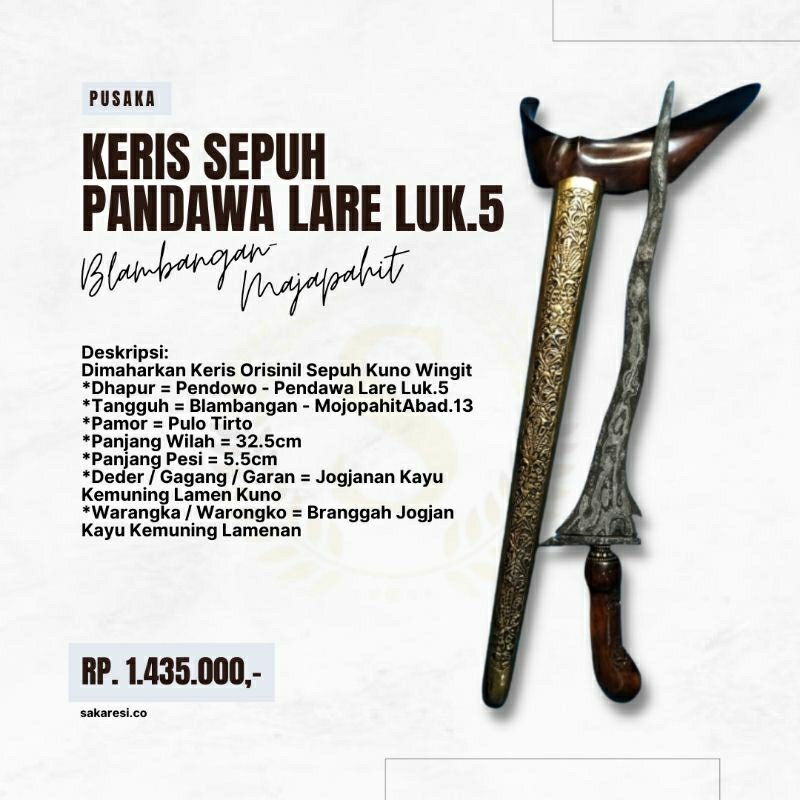 Jual Pusaka Keris Sepuh Majapahit Pandawa Pendowo Pendawa Lare Luk 5 ...