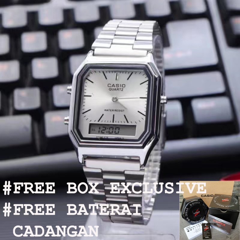 Jual Jam Tangan Casio AQ 230 Jam Tangan Pria Casio Jam Stainliss Double Time Free Box | Shopee ...