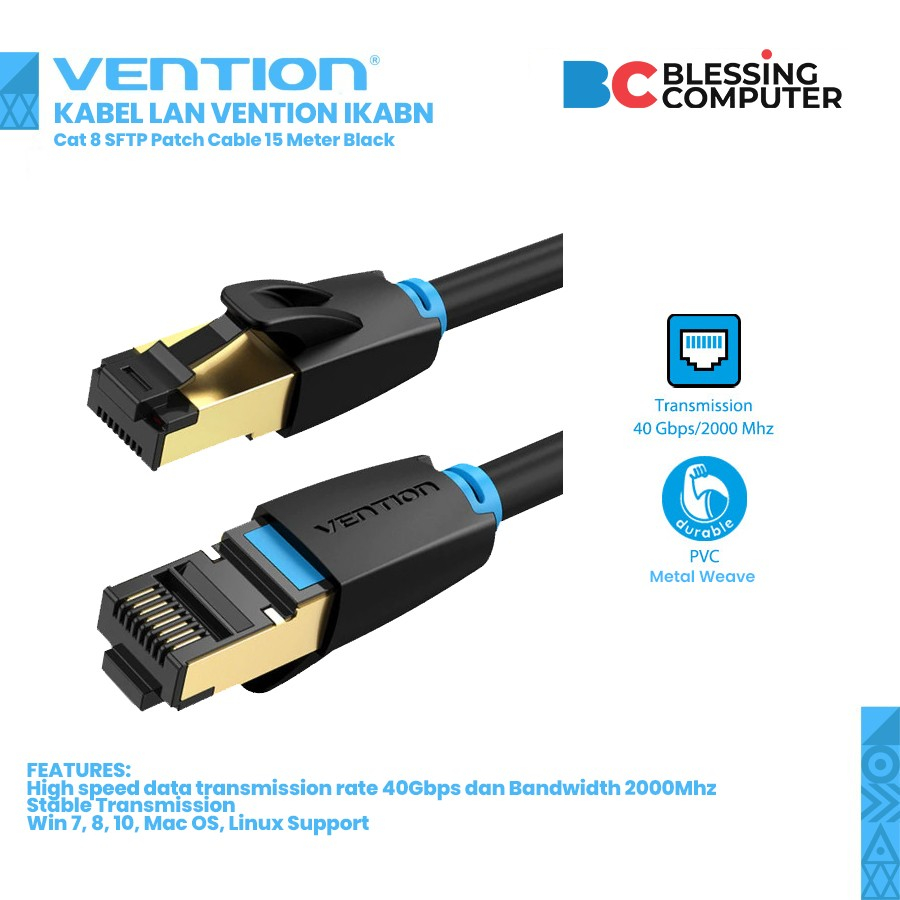 Jual KABEL LAN VENTION IKABN Cat 8 SFTP Patch Cable 15 Meter Black | Shopee Indonesia
