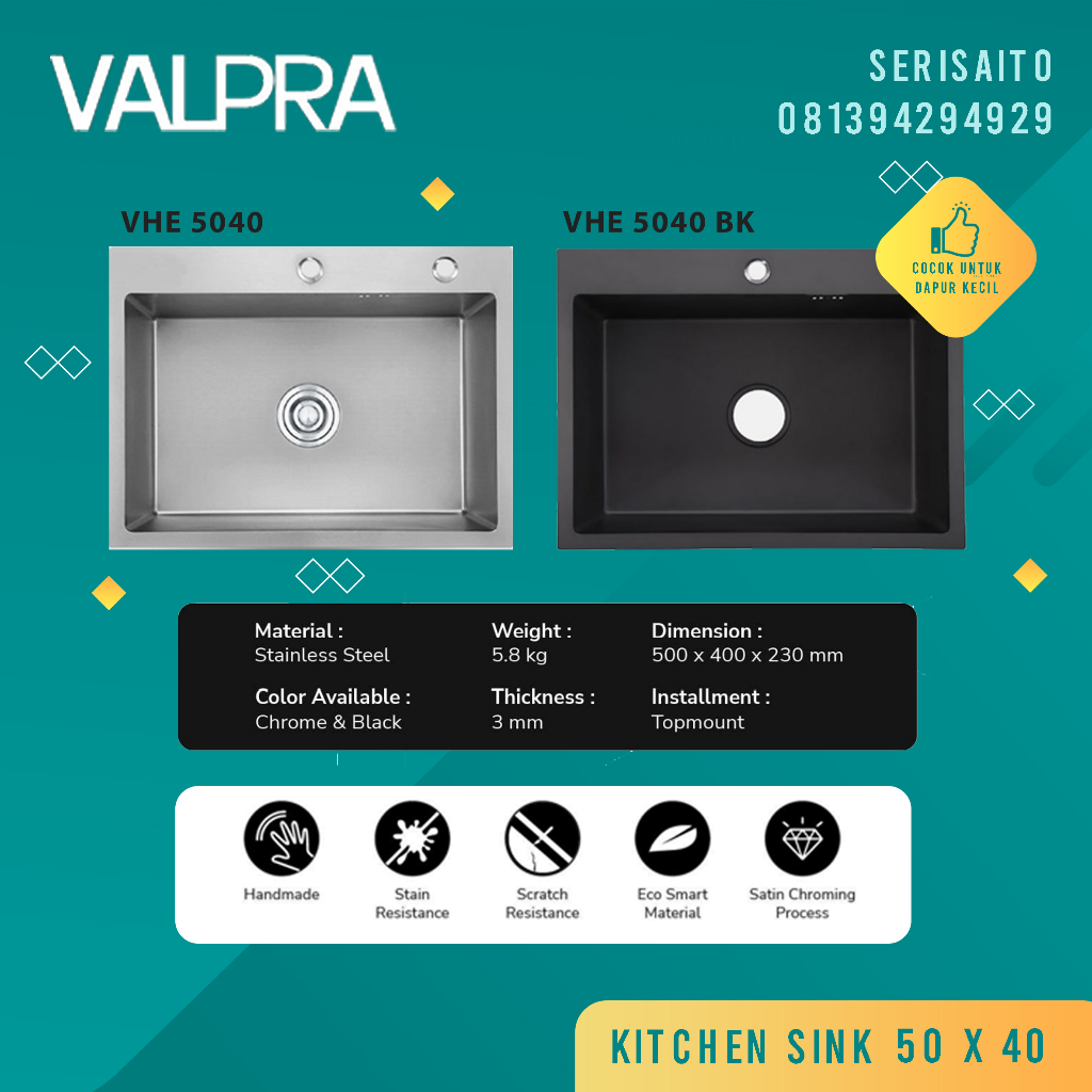 Jual Kitchen Sink Valpra Stainless 50x40 Black Chrome / Bak Cuci Piring ...