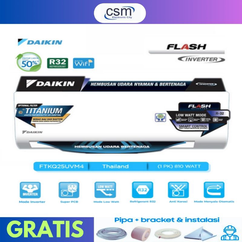 Jual AC DAIKIN 1 PK FTKQ-25UVM4 1 PK FLASH INVERTER R32 THAILAND [FREE INSTALASI+MATERIAL ...