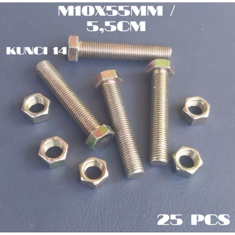 Jual BAUT MUR M10X55/5,5CM(25PCS)KUNING KUNCI 14 | Shopee Indonesia