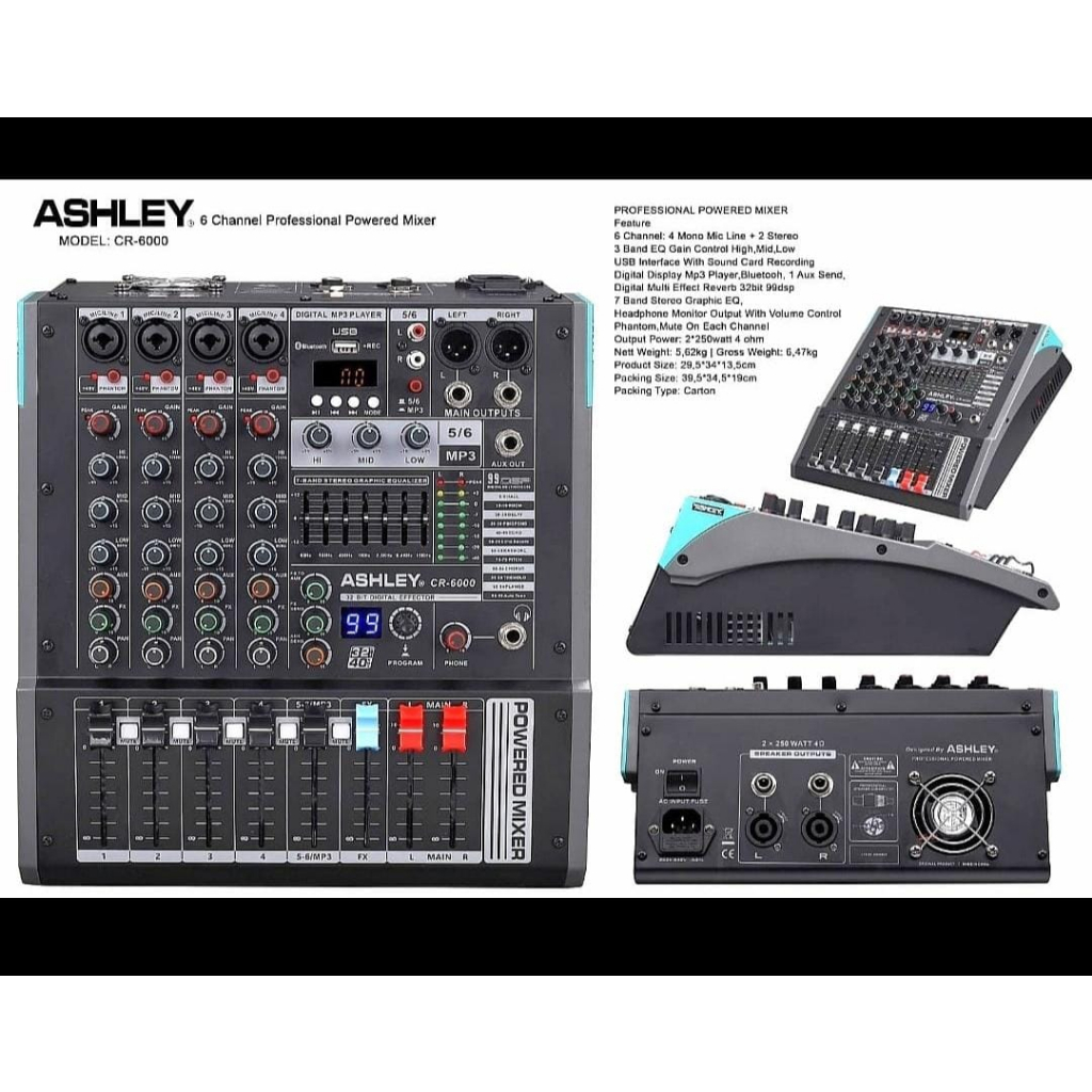 Jual Power Mixer 6 Channel ASHLEY CR-6000 CR6000 2x250 Watt Original ...