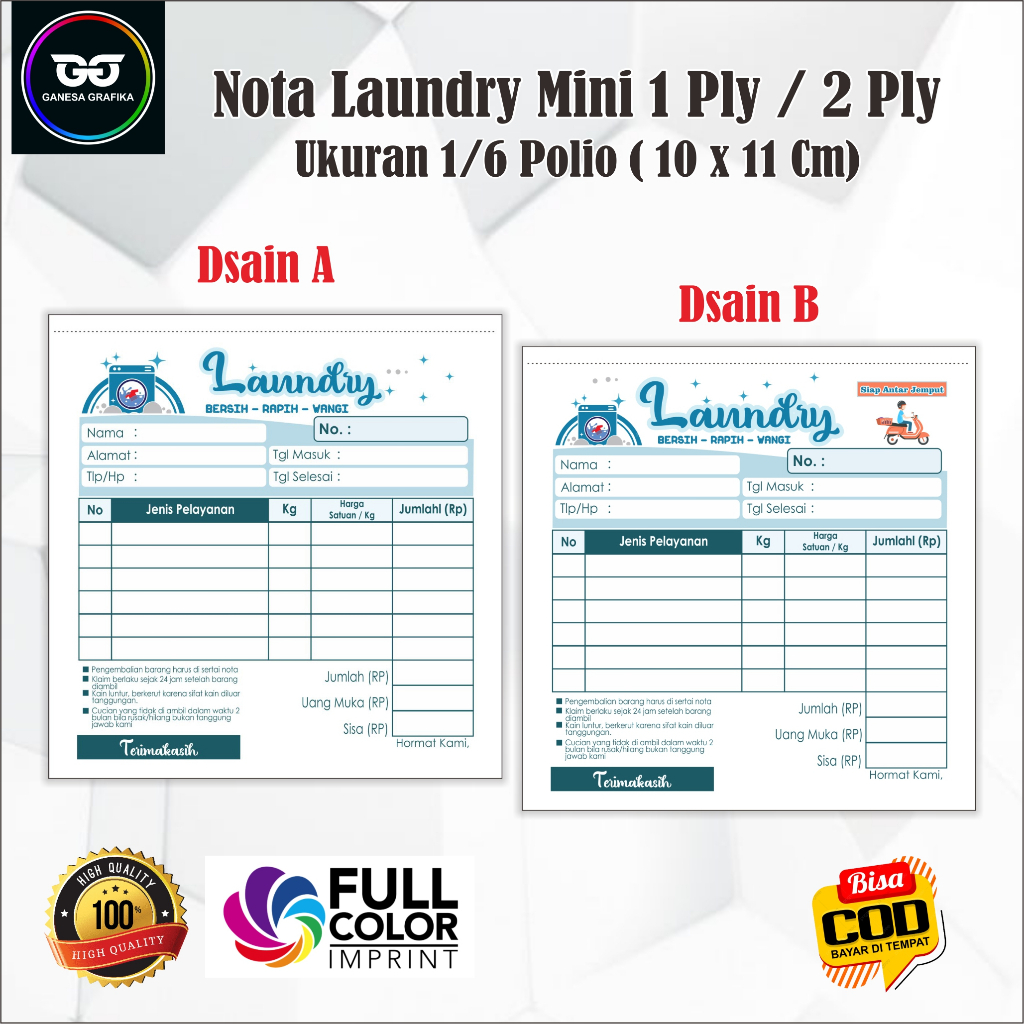 Jual nota laundry ukuran 1/6 polio 10 x 11 cm nota laundry 2 rangkap ...