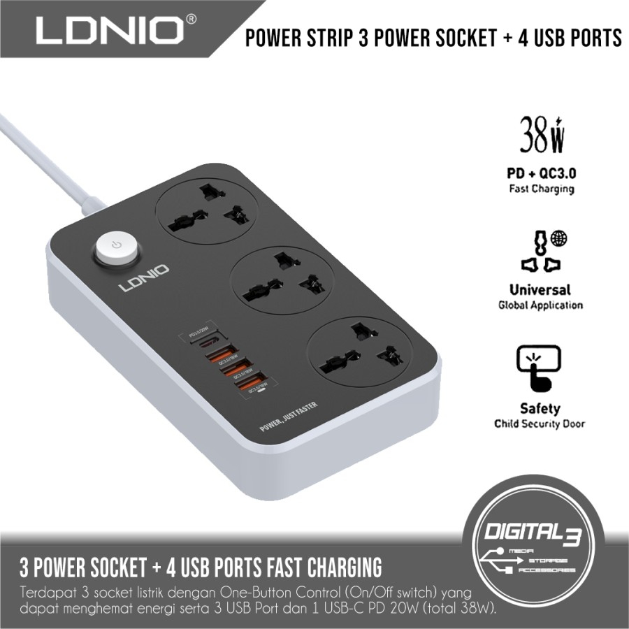 Jual LDNIO SC3412 Stop Kontak 3 Socket Power Strip 4 port USB Charger PD | Shopee Indonesia