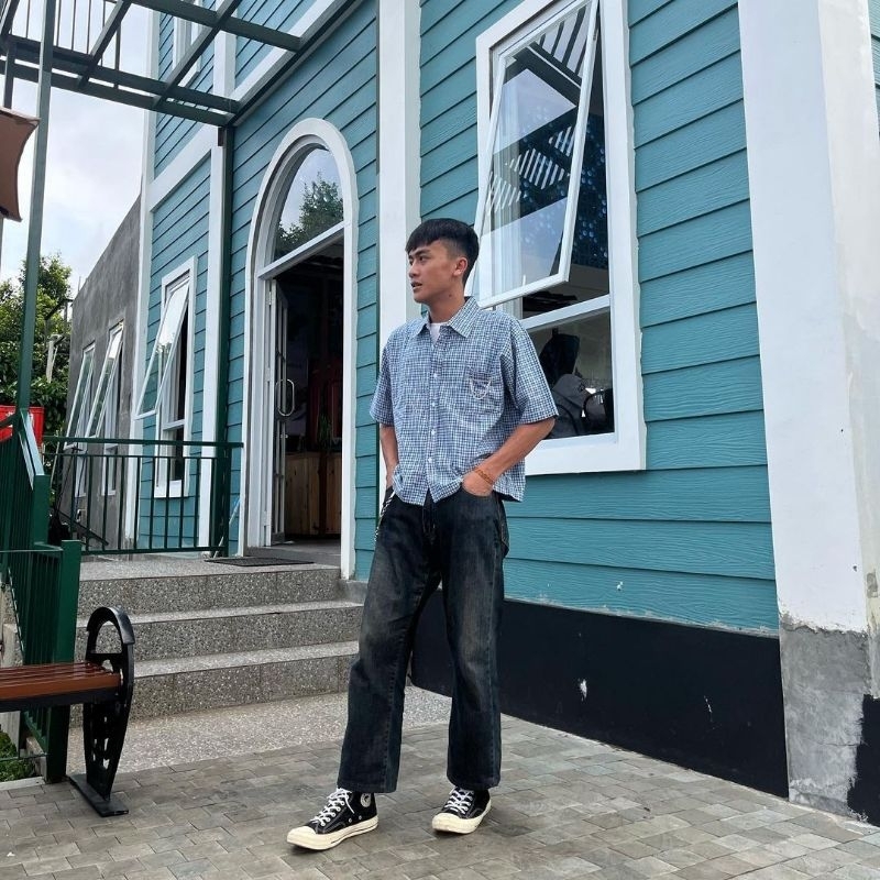 Jual WORKSHIRT OVERSIZE SEMI CROP FLANNEL BIRU MUDA BOXY FIT by ...