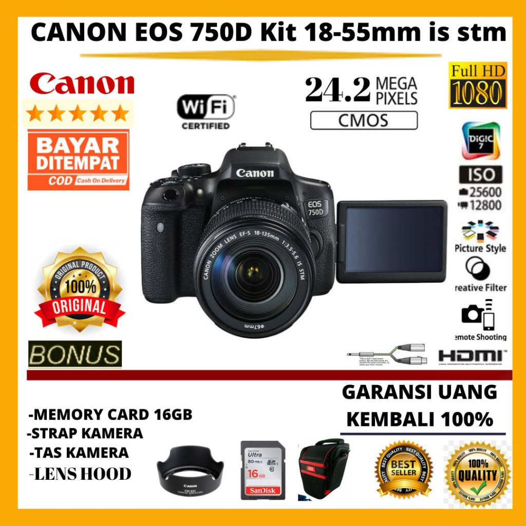 Jual Canon 750D kit 18-55mm is STM (kamera VLOG & WiFi) | Shopee Indonesia