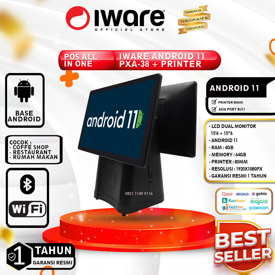 Jual Mesin Kasir Android 11 Pos All in One Iware PXA-38 + Printer 80mm 4/64GB Dual Monitor ...