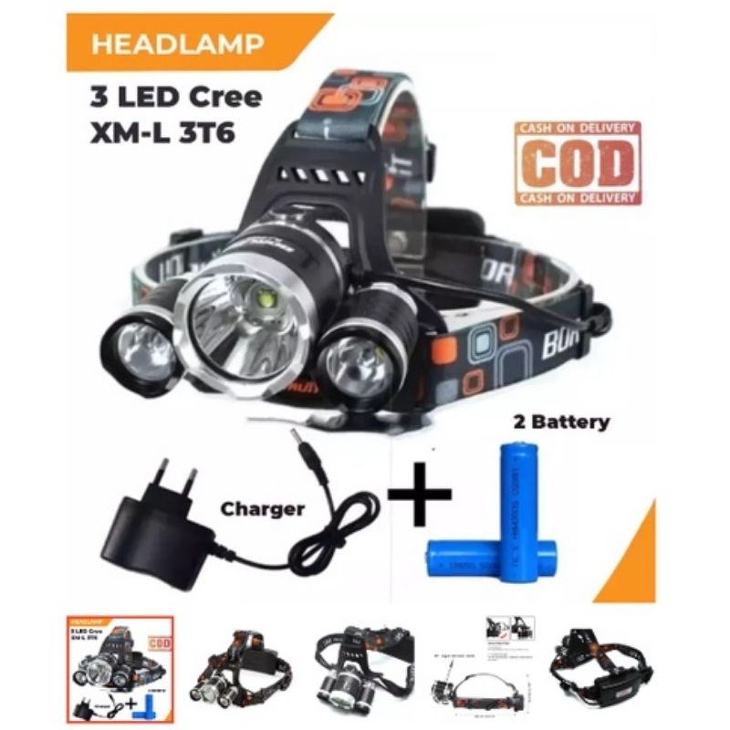 Jual Senter Kepala Headlamp 3 LED Cree XM-L 3T6 Senter Kepala 3 Lampu ...