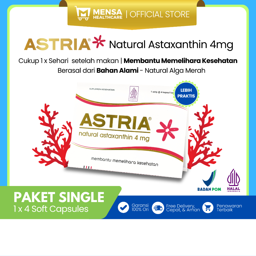Jual ASTRIA Suplemen Antioksidan Natural Astaxanthin Kemasan Praktis 1 Pack x 4 Soft Capsule ...