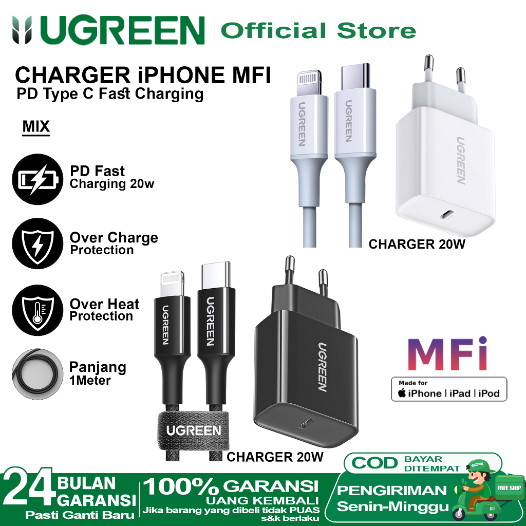 Jual UGREEN Charger iPhone Lightning MFI PD Type C Fast Charging 20w | Shopee Indonesia