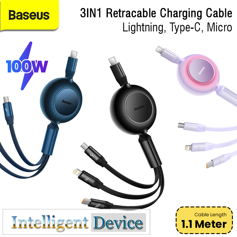 Jual BASEUS 3in1 Retractable Charging Cable 100W Lightning Type C Micro ...