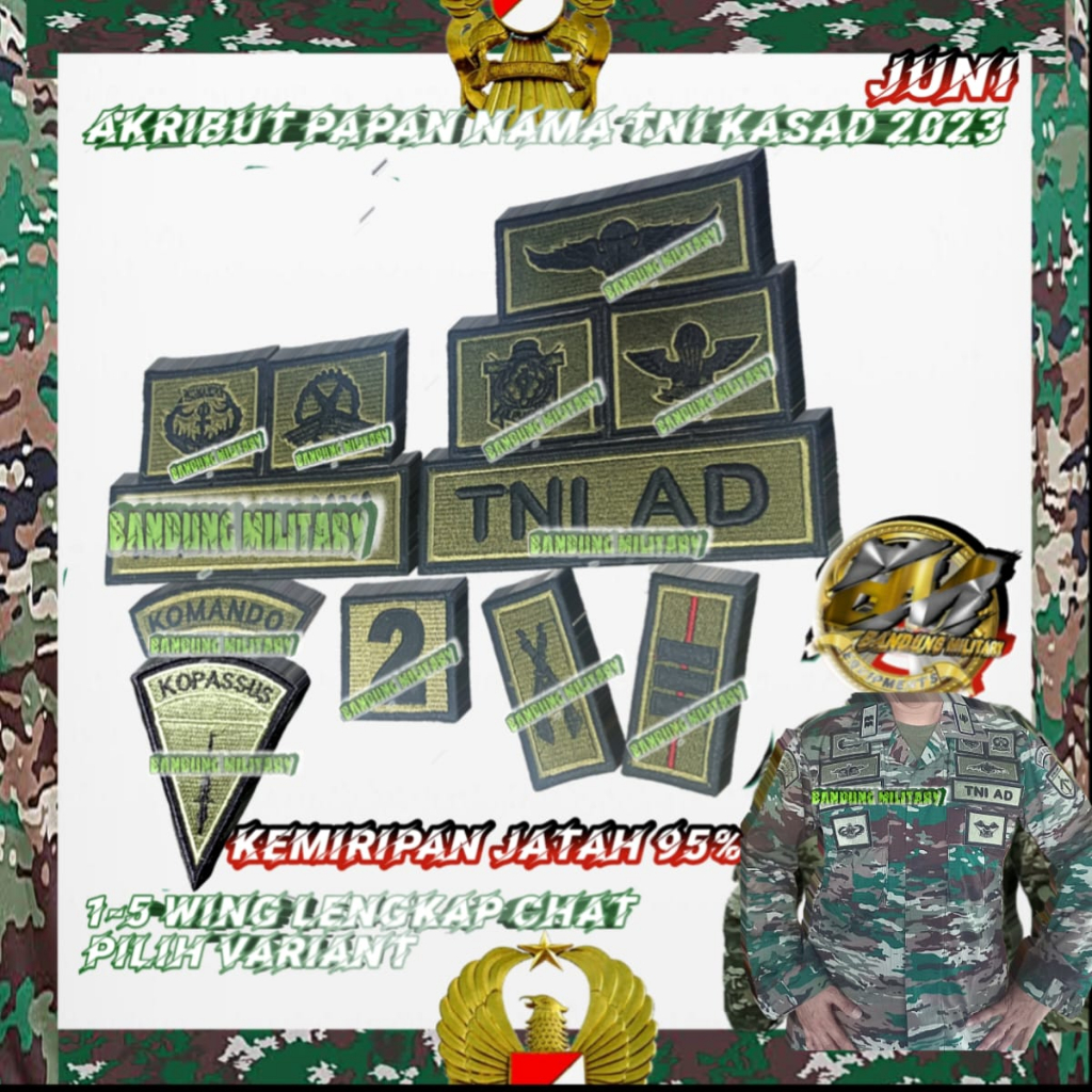 Jual Akribut Papan Nama Bordir Pdl TNI AD 2022 Custom Terbaru 1 Set Lengkap Nama Wing Kodam ...