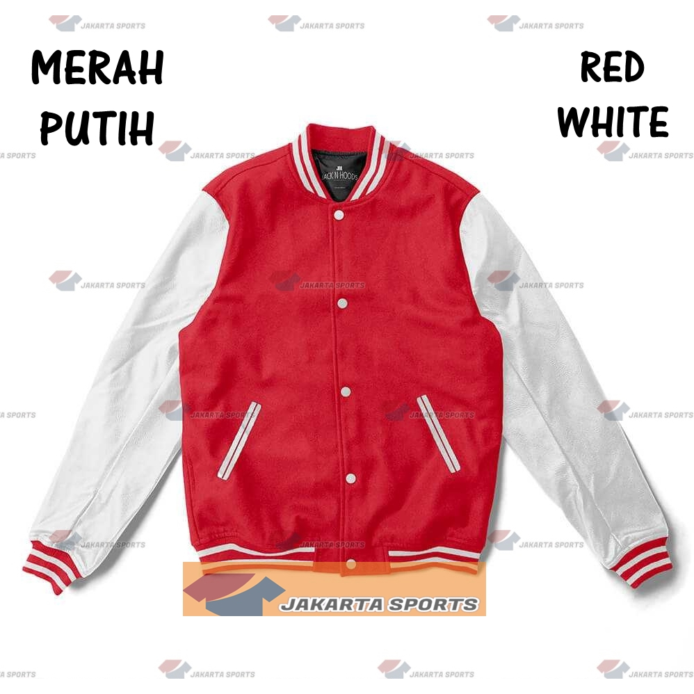 Jual JAKET VARSITY MERAH LENGAN PUTIH BASEBALL PRIA WANITA MURAH JACKET ...