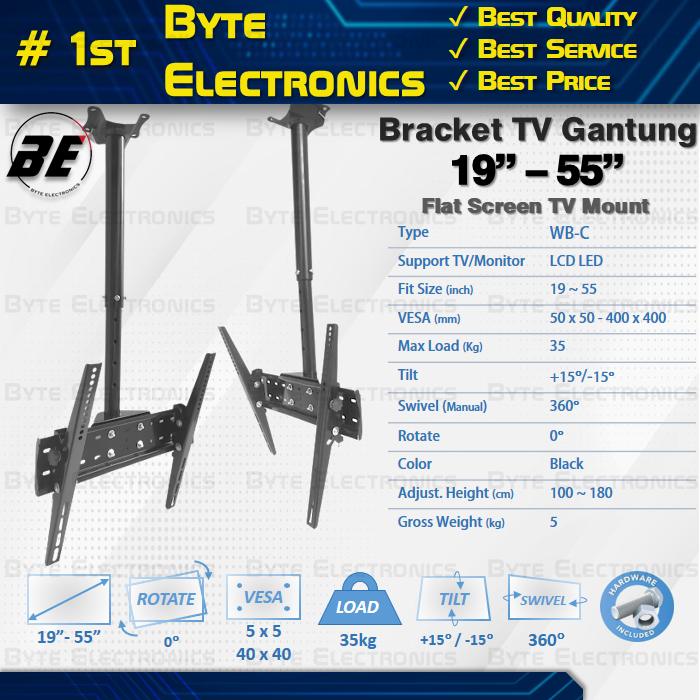 Jual Bracket TV Gantung Atap 2 Meter Adjustable Ukuran 42 43 50 55 Inch ...