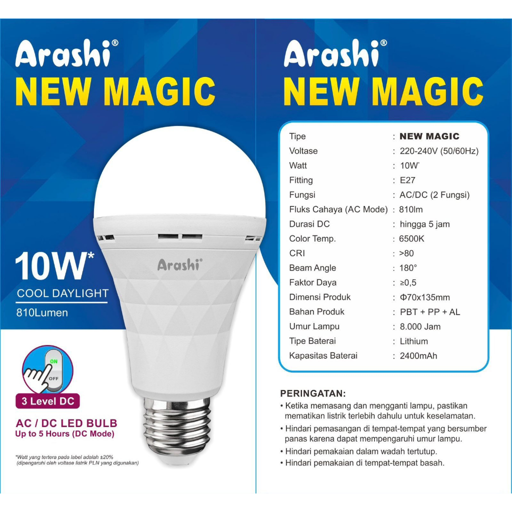 Jual Lampu Bohlam Emergency LED Lamp Arashi Magic II 9W 12W 18W - 9 12 ...