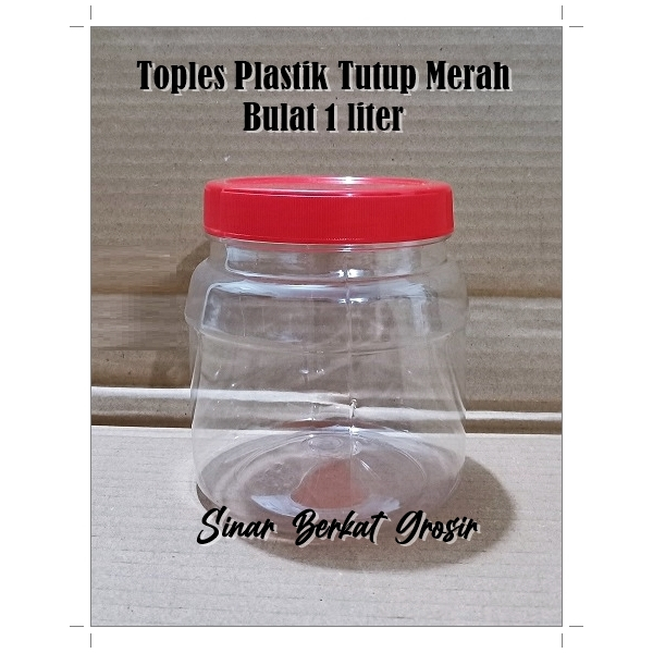 Jual Toples Plastik Tutup Merah Bulat 1 liter / Toples Kue Permen ...