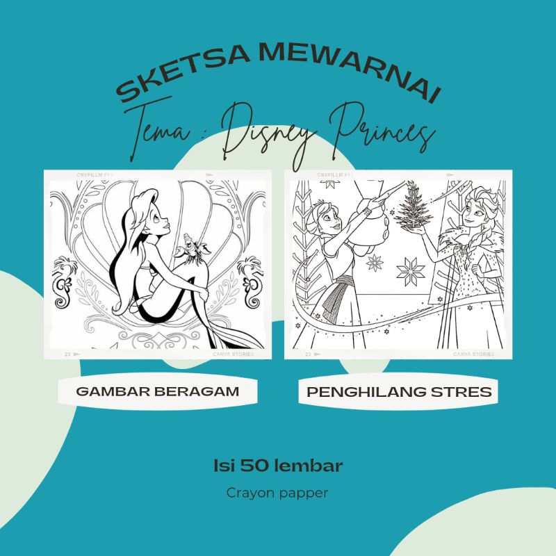Jual Gambar Sketsa Mewarnai Disney Princes - Cinderela - Ariel Putri ...