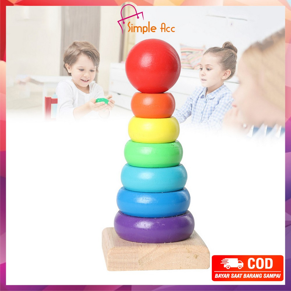 Jual DO-M329 Mainan Anak Ring Donat Kayu Susun Rainbow Unisex / Mainan ...