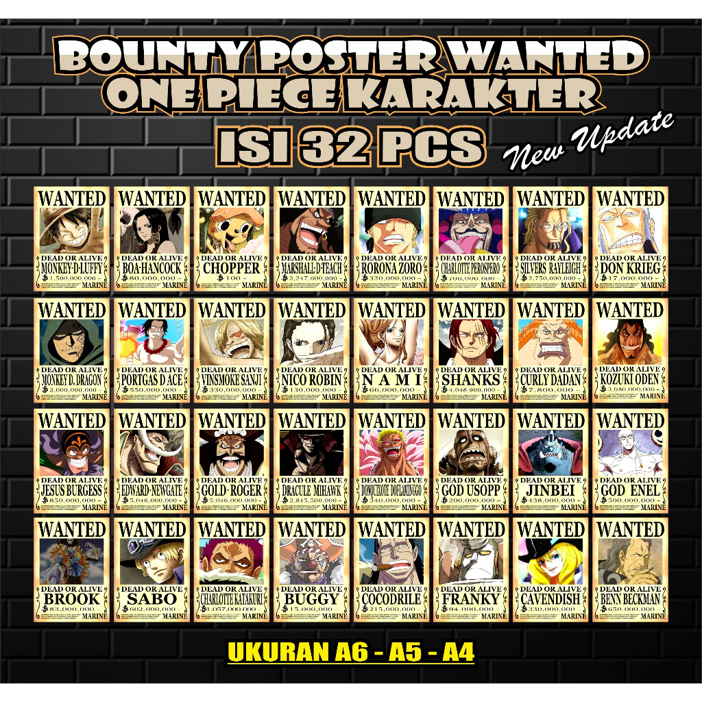 Jual Poster Bounty One Piece KARAKTER || Poster One Piece || 1 paket ...