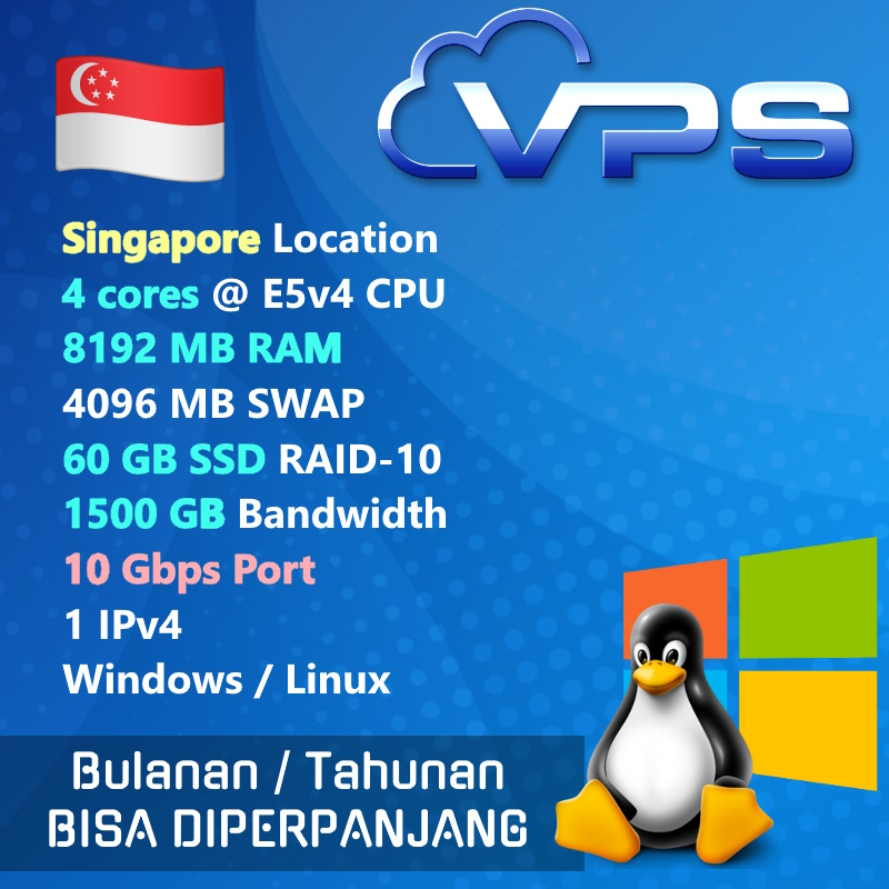Jual VPS LINUX SINGAPORE ⚡ 4vCPU/8GB RAM ⚡ Bulanan / Semester Bisa ...