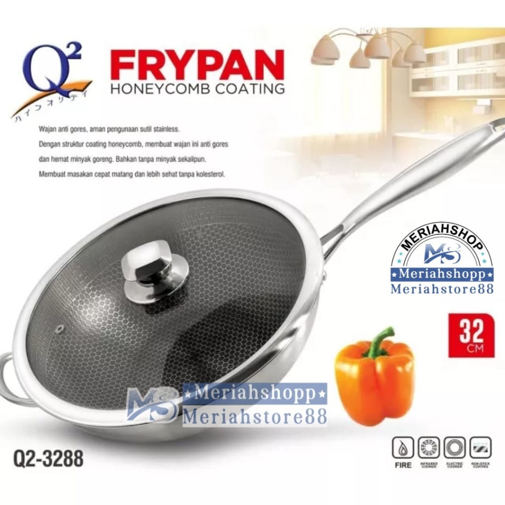 Jual Honeycomb Panci Wajan Goreng 32 cm Anti Lengket SUS 304 Stainless Q2-3288 Wok Pan Frypan ...