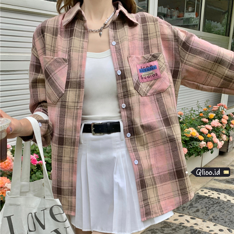 Jual Korean Retro Style Kemeja Kotak-kotak Blouse Lengan Panjang Wanita ...