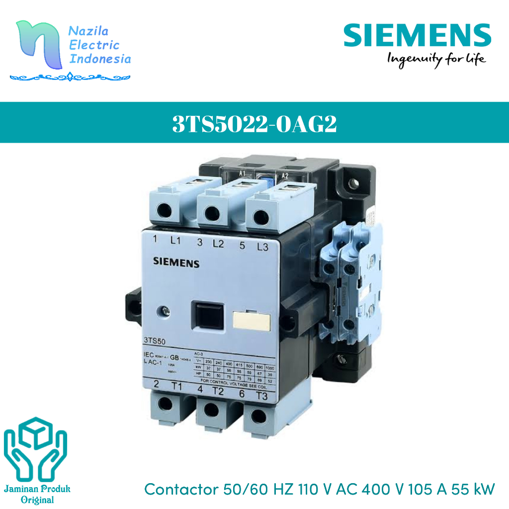 Jual Siemens Contactor 3TS 5022 / 3TS5022-0AG2 55kW 110VAC 50Hz 2NO+2NC ...