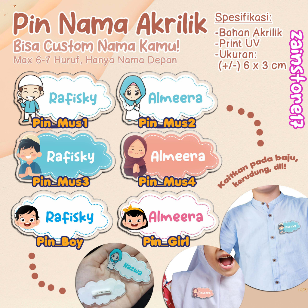 Jual PIN AKRILIK CUSTOM NAMA - Desain Awan Gambar KIDS MUSLIM BOYS AND ...