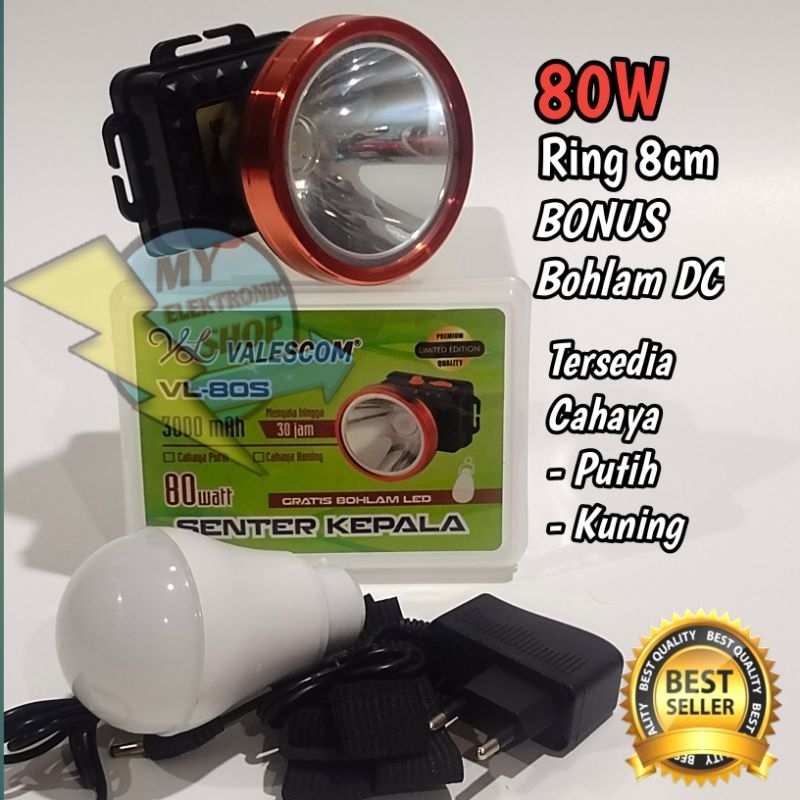 Jual Senter Kepala LED Super Terang 80 Watt VALESCOM Bonus Bohlam DC Headlamp Outdoor 80Watt LED ...
