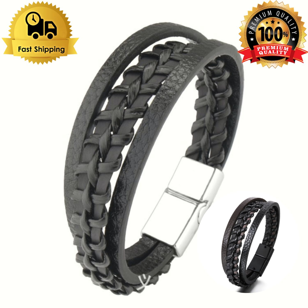 Jual Gelang Tangan Kulit Multi Pria Hitam Coklat Klip Magnet Titanium ...