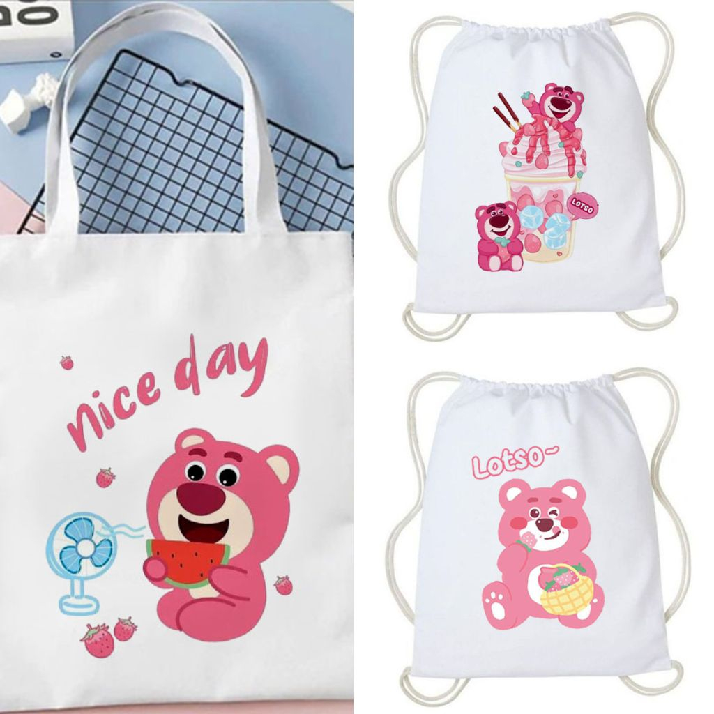Jual Tas Serut Tote Bag Lotso Pink Strawberry Bear Lucu String Bag Toy ...