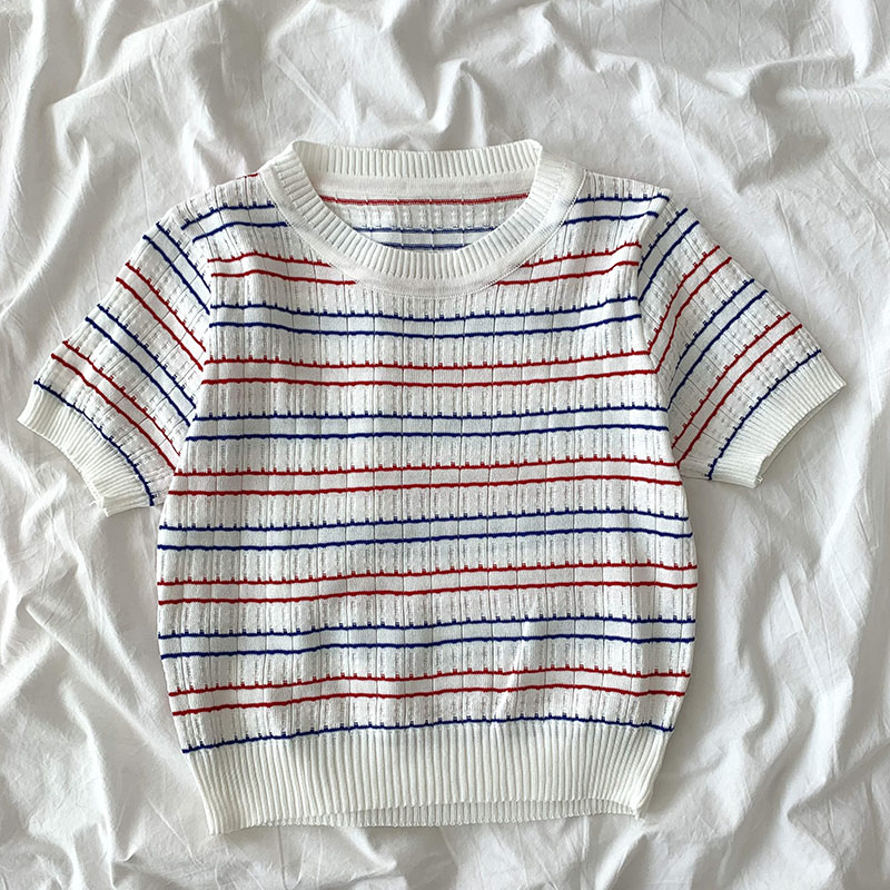 Jual The Monseur Gallery Kaos Rajut Lengan Pendek Wanita Striped T-shirt Korean Style | Shopee ...