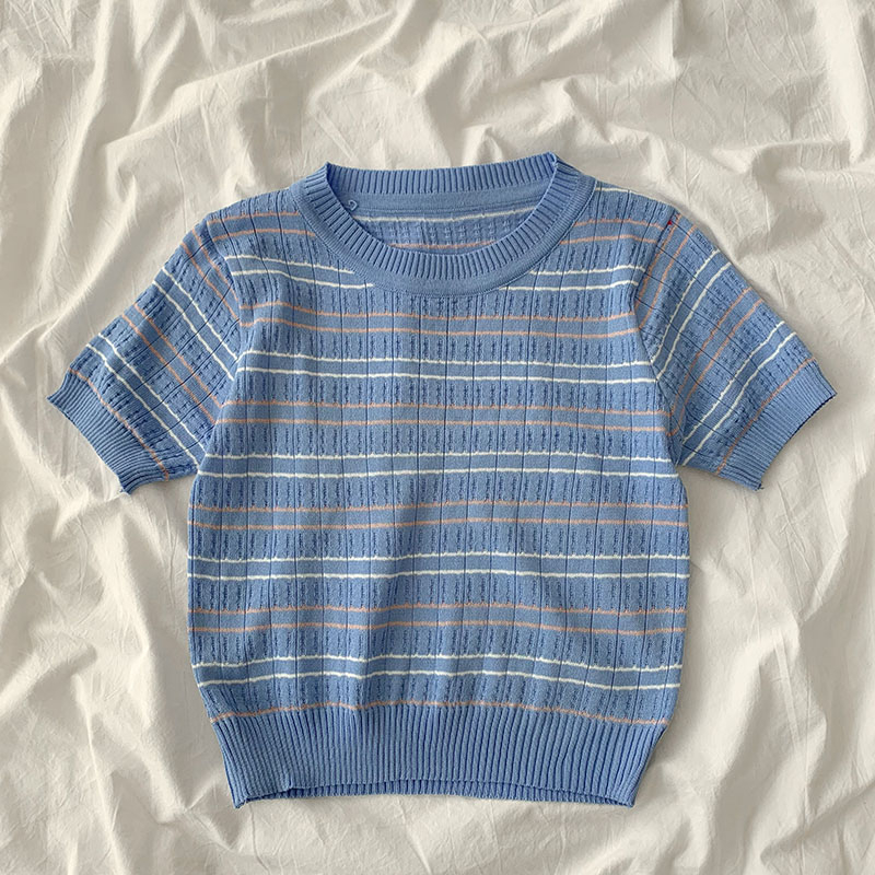 Jual The Monseur Gallery Kaos Rajut Lengan Pendek Wanita Striped T-shirt Korean Style | Shopee ...