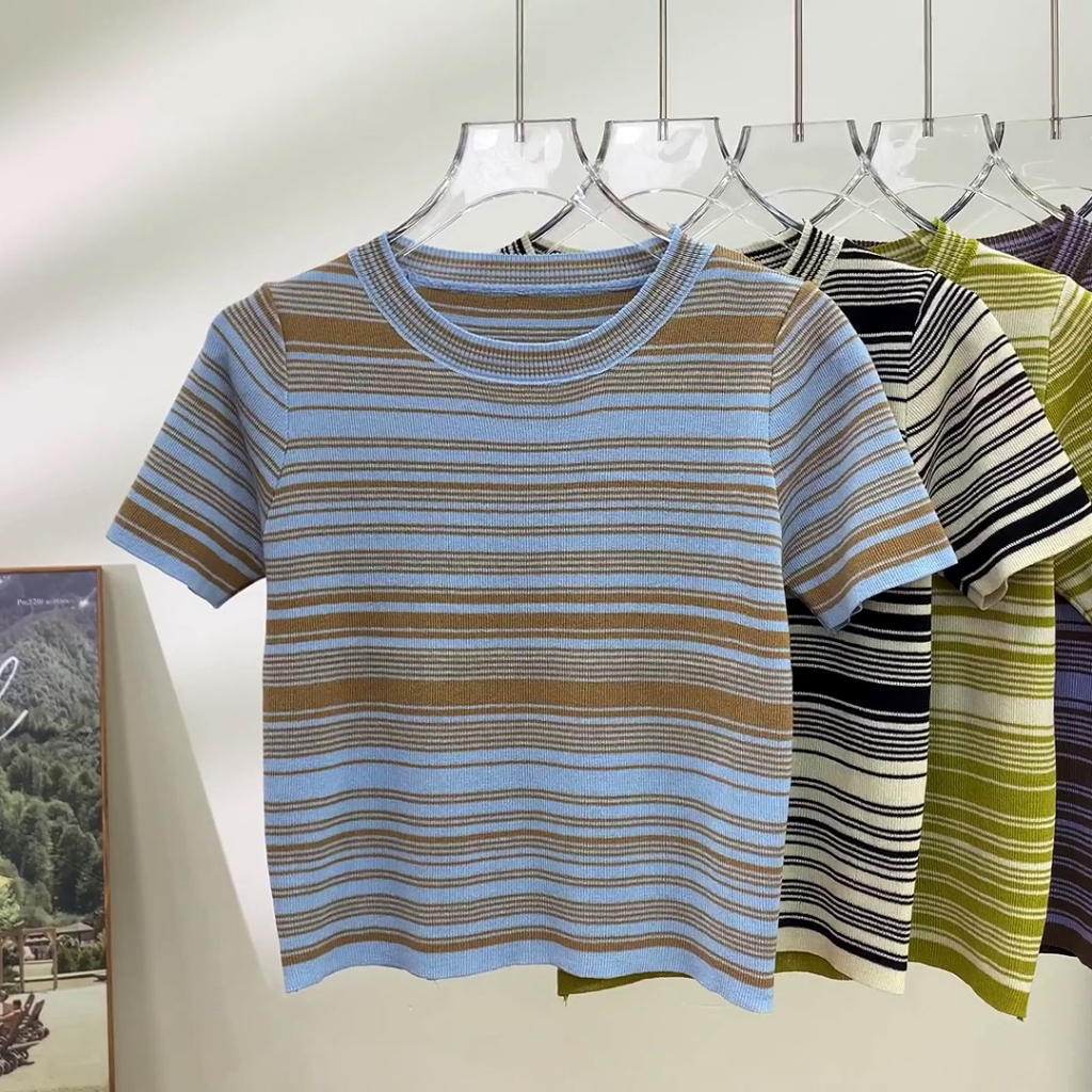 Jual The Monseur Gallery Kaos Rajut Wanita Knit Crop Top Stripe ...