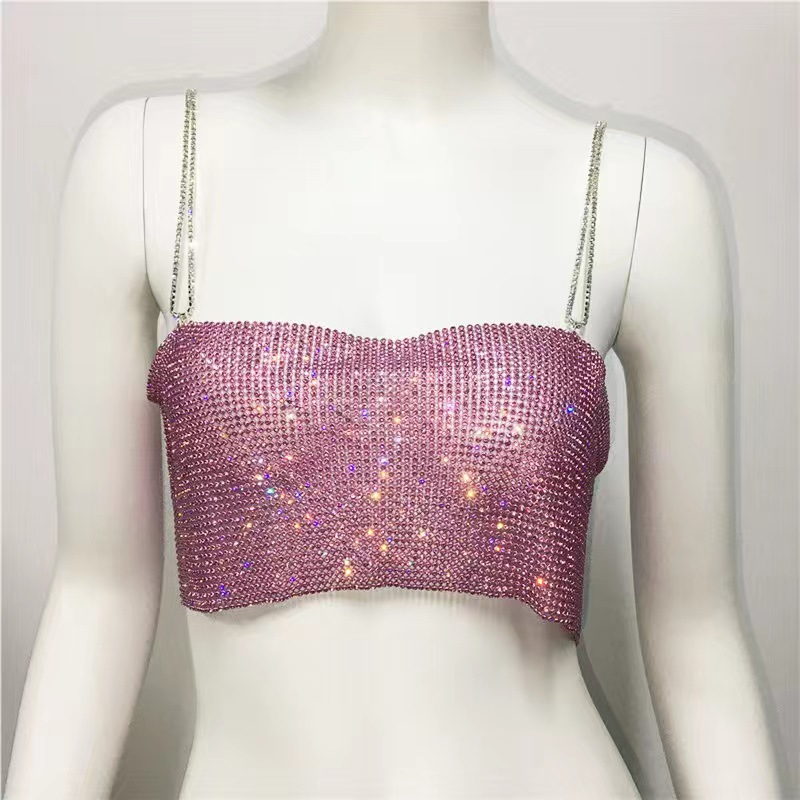 Jual Summer Shiny Crystal Chain Tank Top Silver Metal Mesh Halter