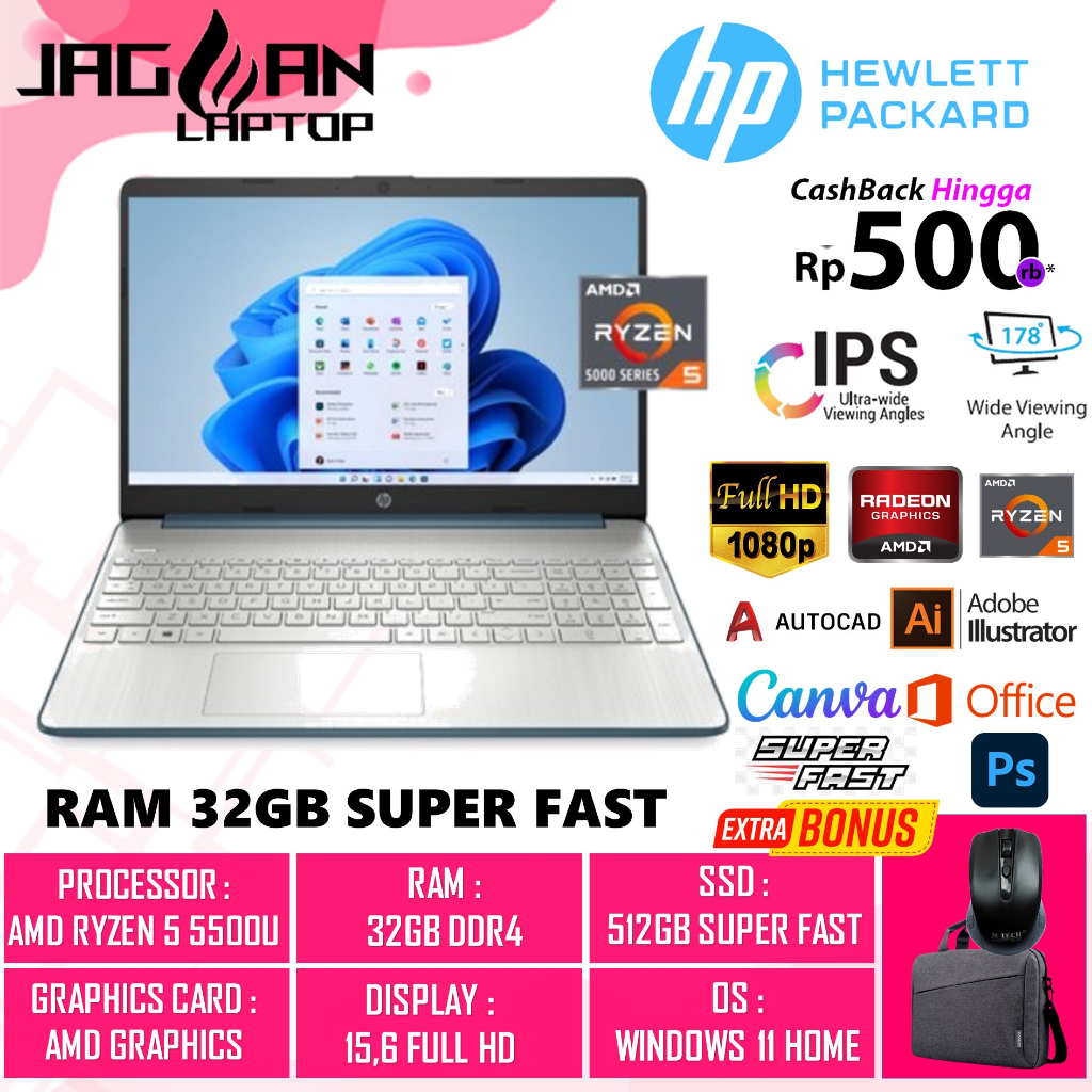Jual Laptop HP 15 AMD RYZEN 5 5500U 32GB 512GB RADEON 7 15.6 FHD ...