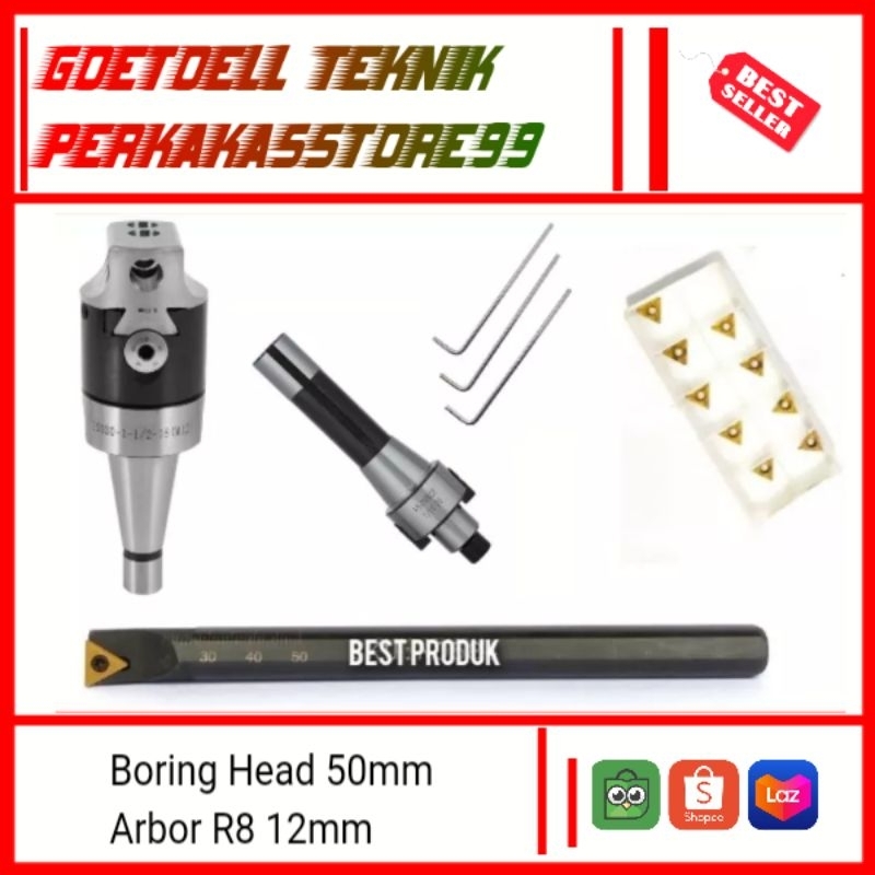 Jual Alat Korter Lubang Boring Head 50mm Arbor R8 Set Holder dalam S12M ...
