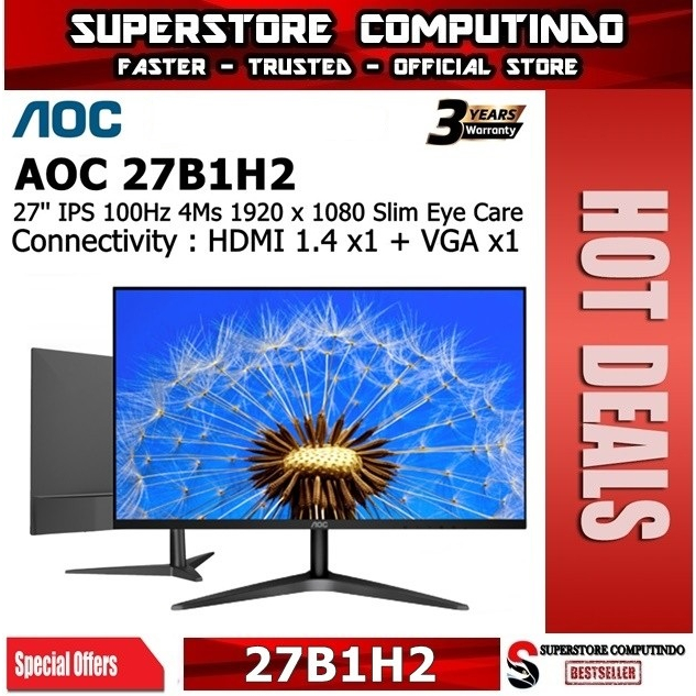 Jual Monitor LED AOC 27B1H2 27" IPS 1080p FHD 100Hz HDMI VGA Slim Eye ...