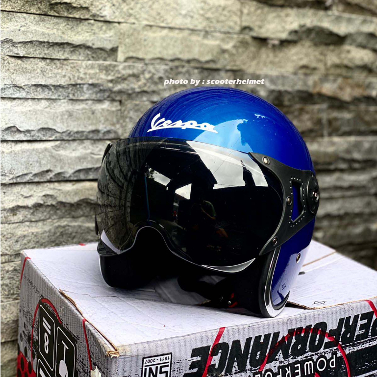 Jual Helm Vespa Retro Biru List Chrome + Visor Italy | Shopee Indonesia