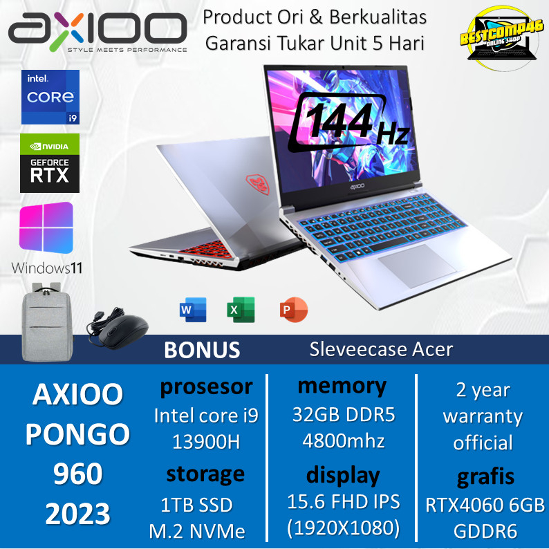 Jual Axioo pongo 960 i9 13900h rtx4060 8gb 32gb 1tb w11 15.6 fhd 144hz ...