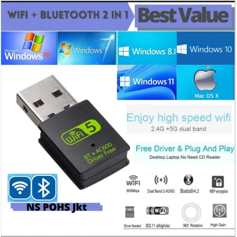 Jual Mini USB Combo WiFi Bluetooth 2 in 1 Dongle 802.11AC 600 Mbps ...