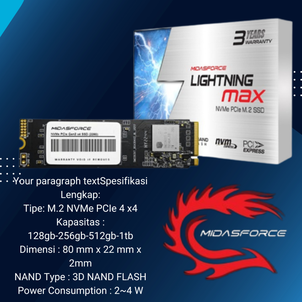 Jual NVME 128GB,256GB,512GB,1TB MIDASFORCE PCIe Gen3 x4 SSD M2 NVME ...