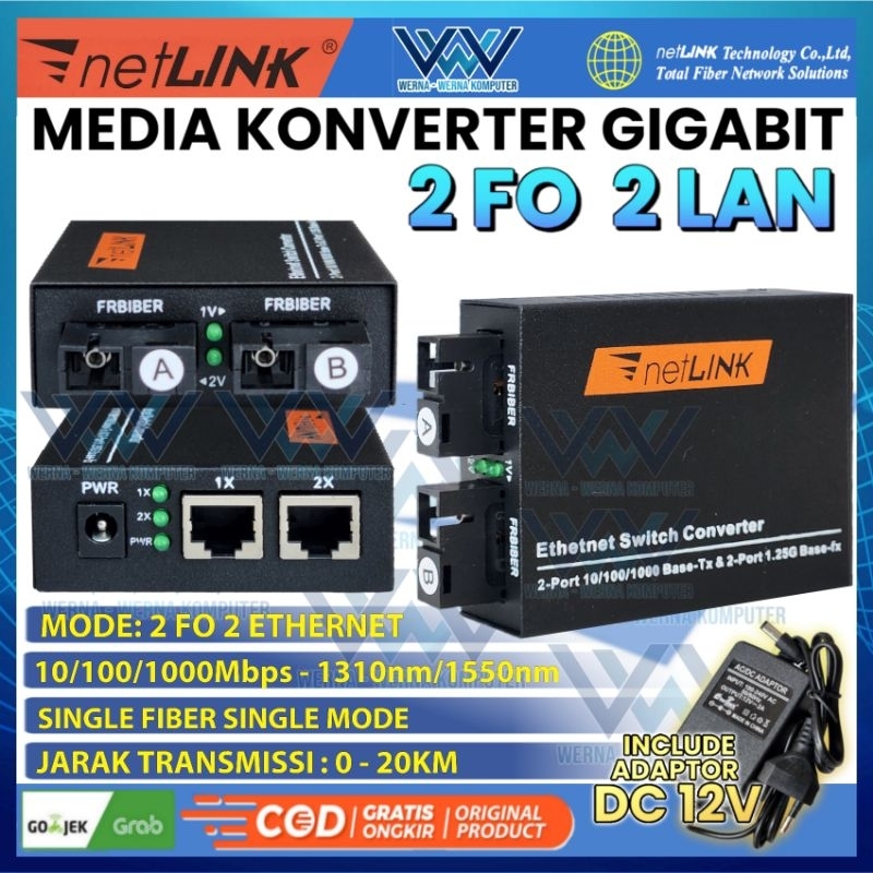 Jual Media Converter Gigabit 2 FO 2 LAN 10/100/1000Mbps Fiber Optic Switch Ethernet Netlink ...