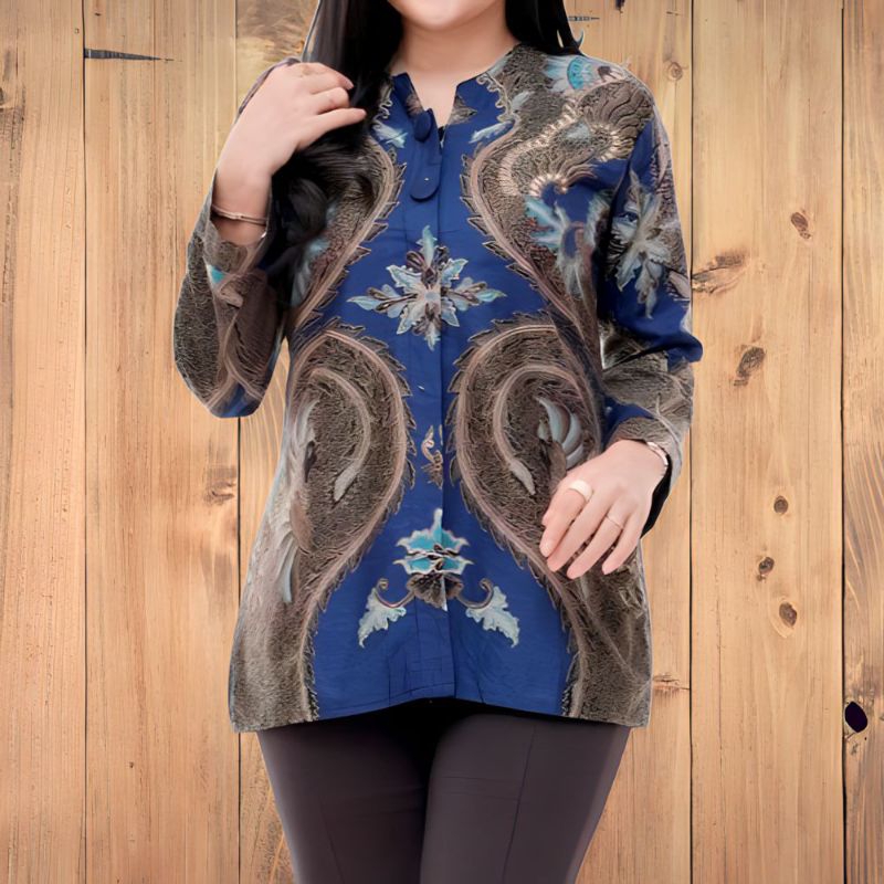 Jual blouse batik kenari biru original arta batik KODE 5 atasan batik ...