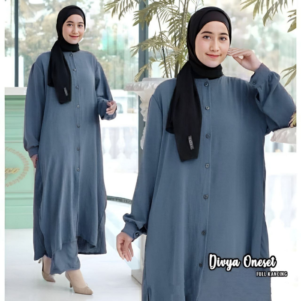 Jual Setelan Wanita Muslim Long Tunik Bahan Kain Rayon Kancing Depan ...