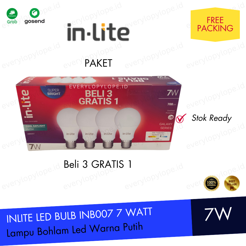 Jual PAKET BELI 3 GRATIS 1 Lampu INLITE LED Bulb INB007 7W Bohlam Warna ...